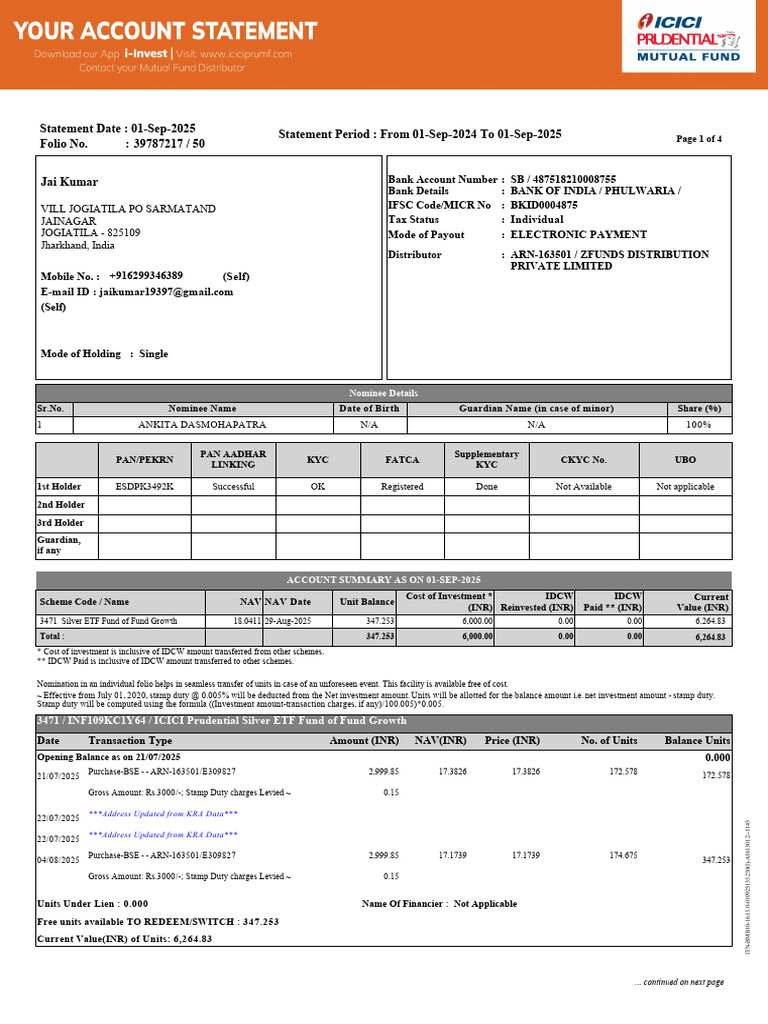 Investment Statement for Jai Kumar | PDF | Banks | Money