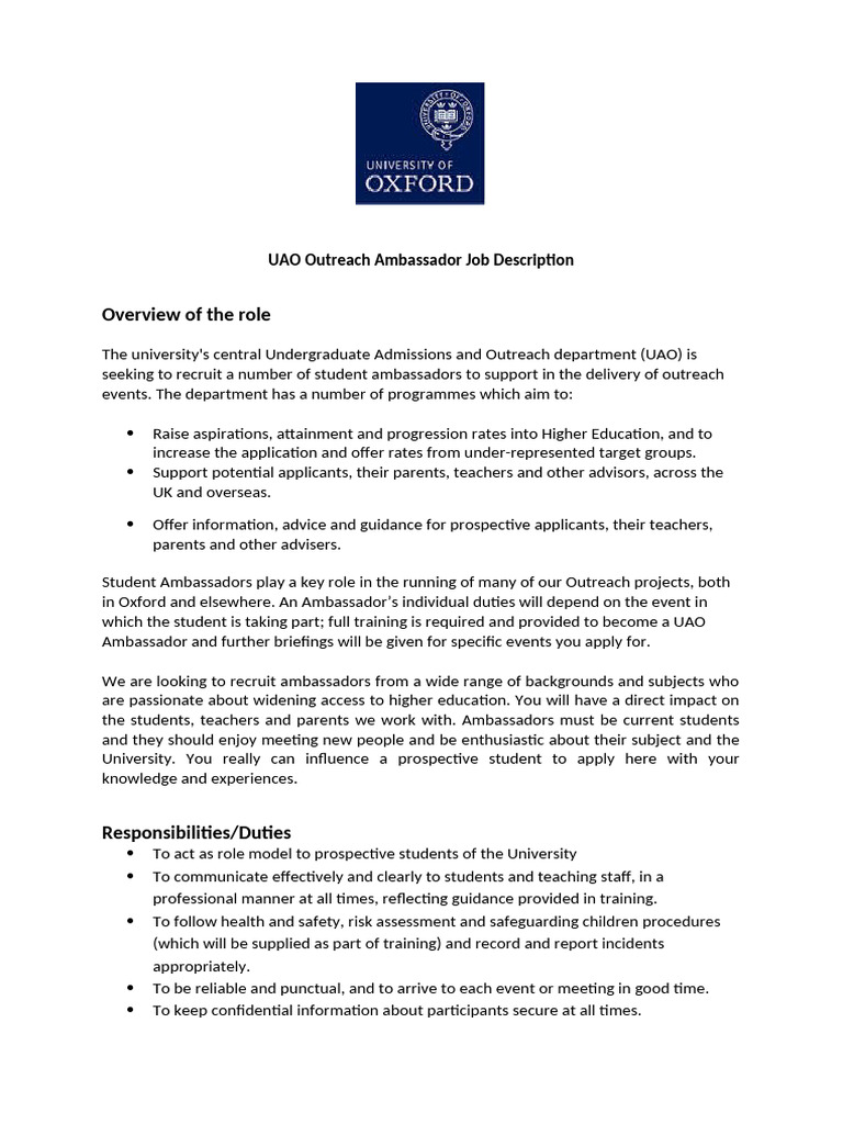 UAO Ambassador Job Description_0 (2) | PDF | Teachers