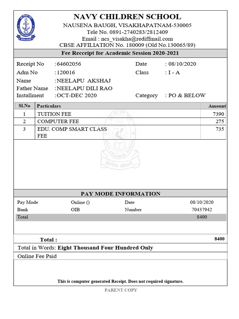 Parent Fee Receipt Print | PDF