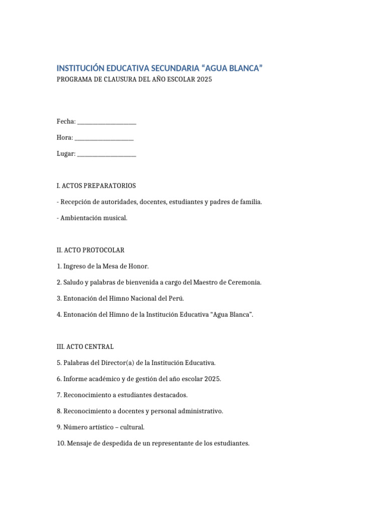 Programa Clausura Ano Escolar 2025 IE Agua Blanca | PDF