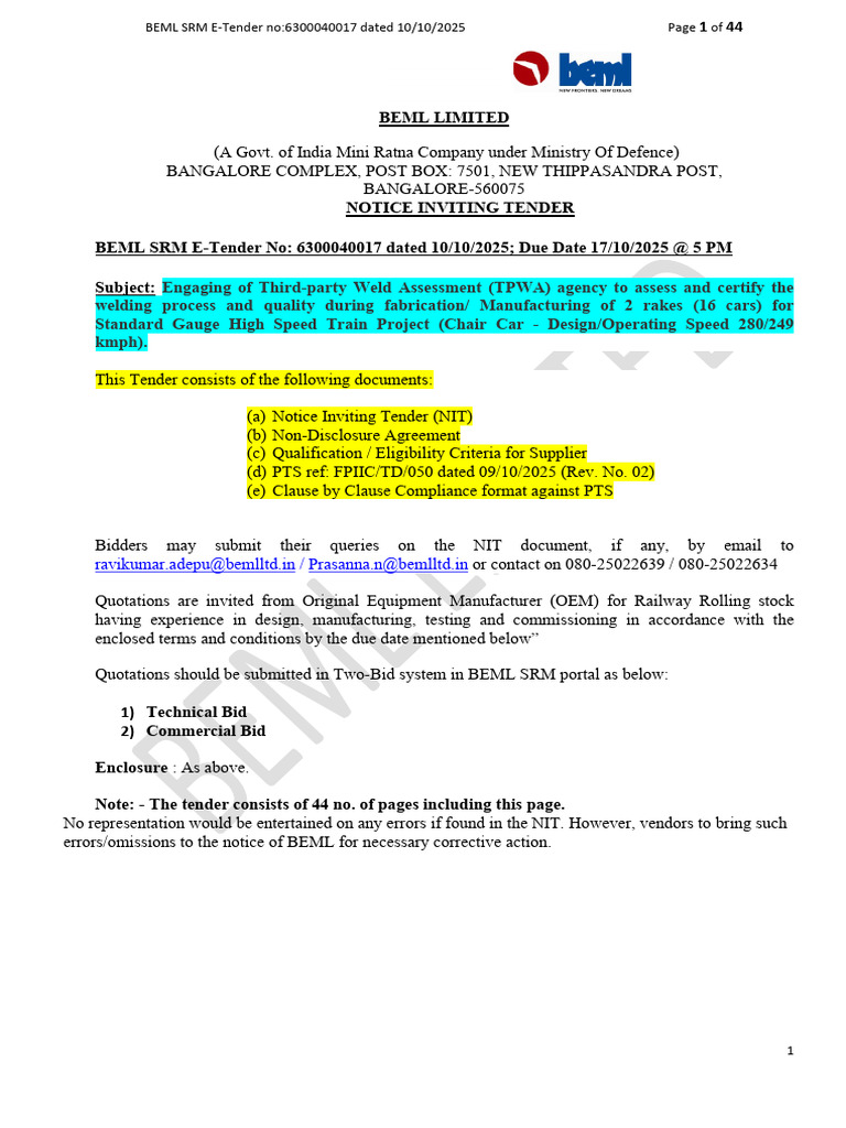 BEML B28 BULLET TRAIN | PDF | Specification (Technical Standard ...