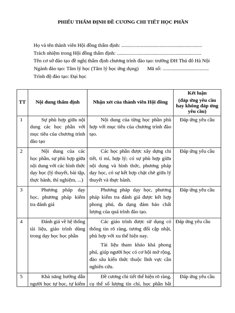 Mau Phieu Tham Dinh de Cuong Chi Tiet HP | PDF