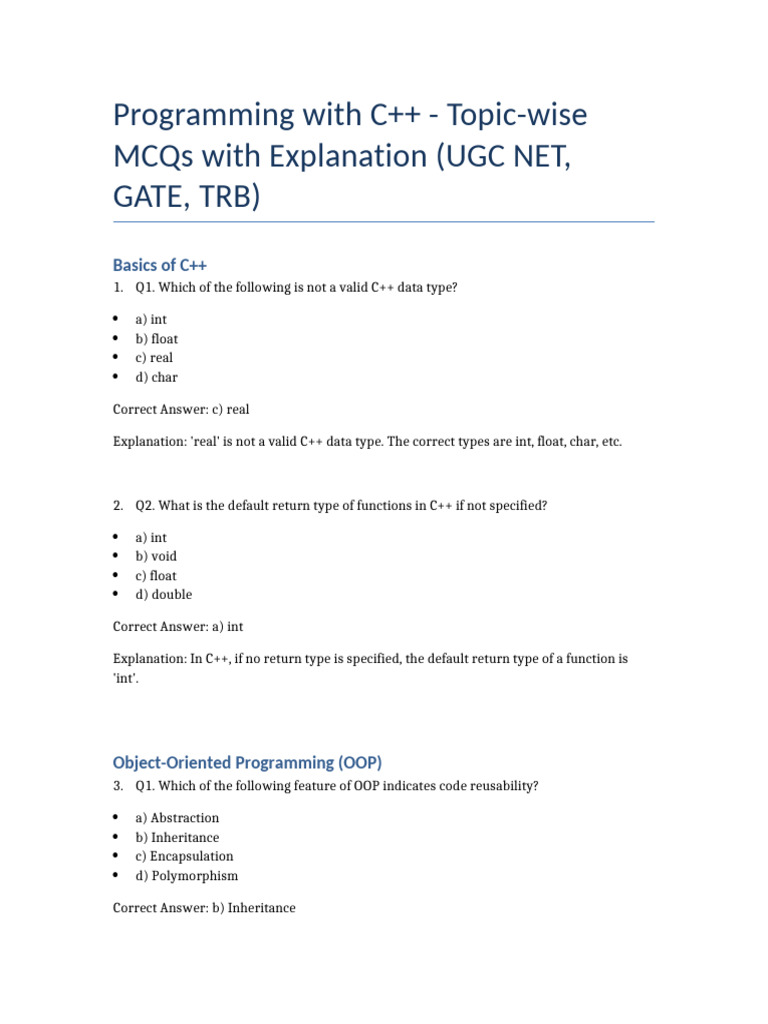 C++ Topicwise Sample MCQs With Explanations | PDF