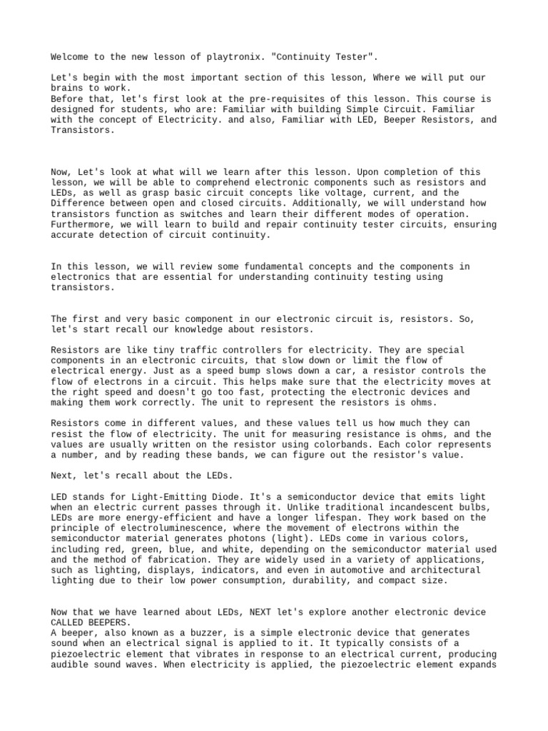 SCRIPT for Continuity Tester | PDF | Field Effect Transistor | Bipolar ...