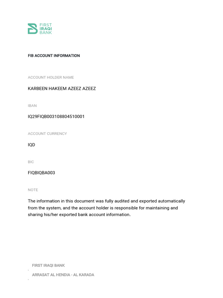 Fib Account Info - Iqd - Karbeen Hakeem Azeez Azeez | PDF