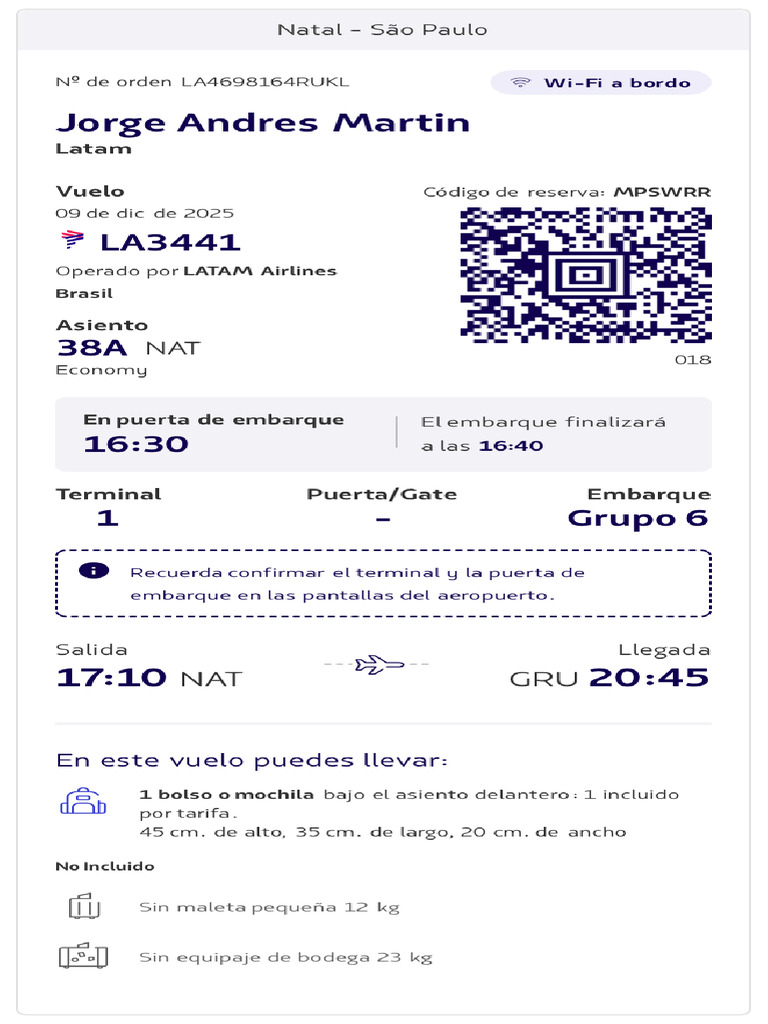 Tarjeta de Embarque Jorge Andres M LA3441 | PDF