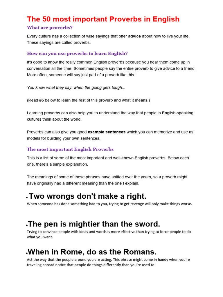 Top 50 Essential English Proverbs | PDF | Proverb