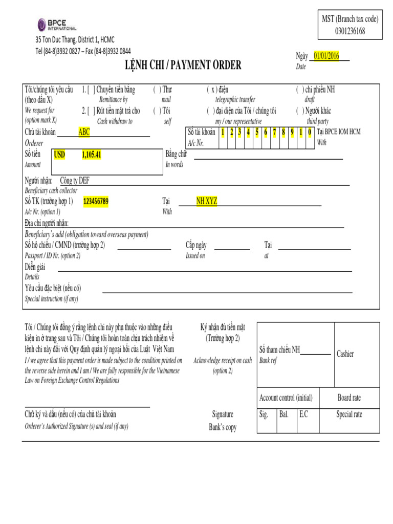 Bpce Iom Payment Order Form | PDF