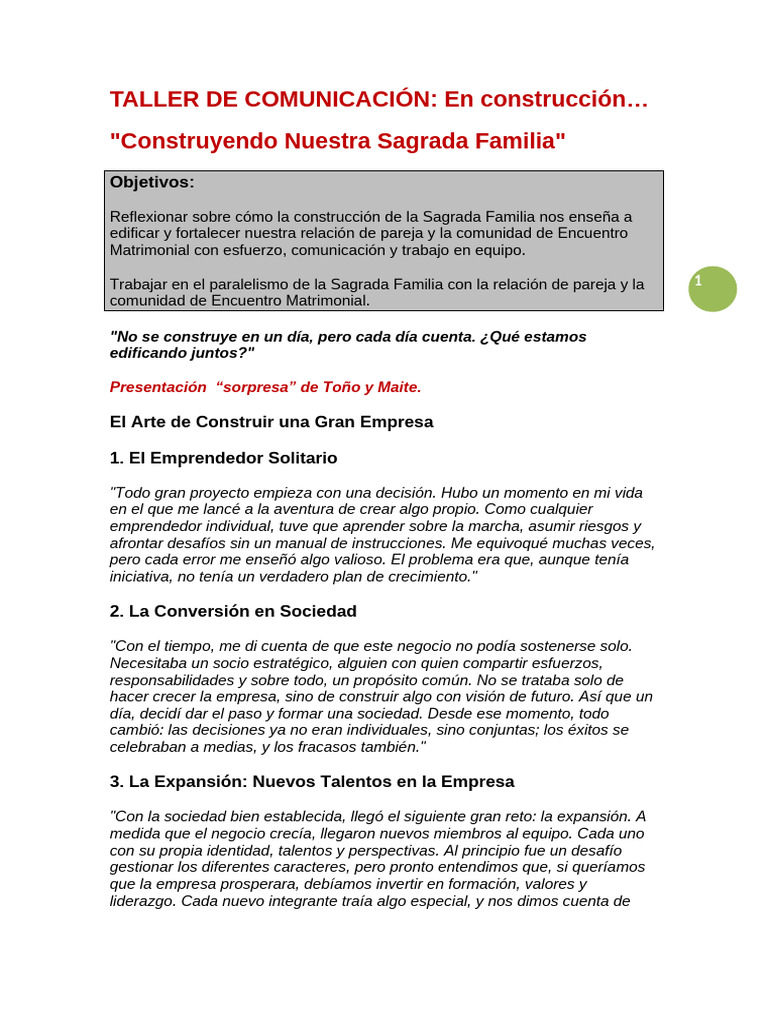Propuesta Definitiva Taller de Comunicacion en CONSTRUCCION | PDF | Amor