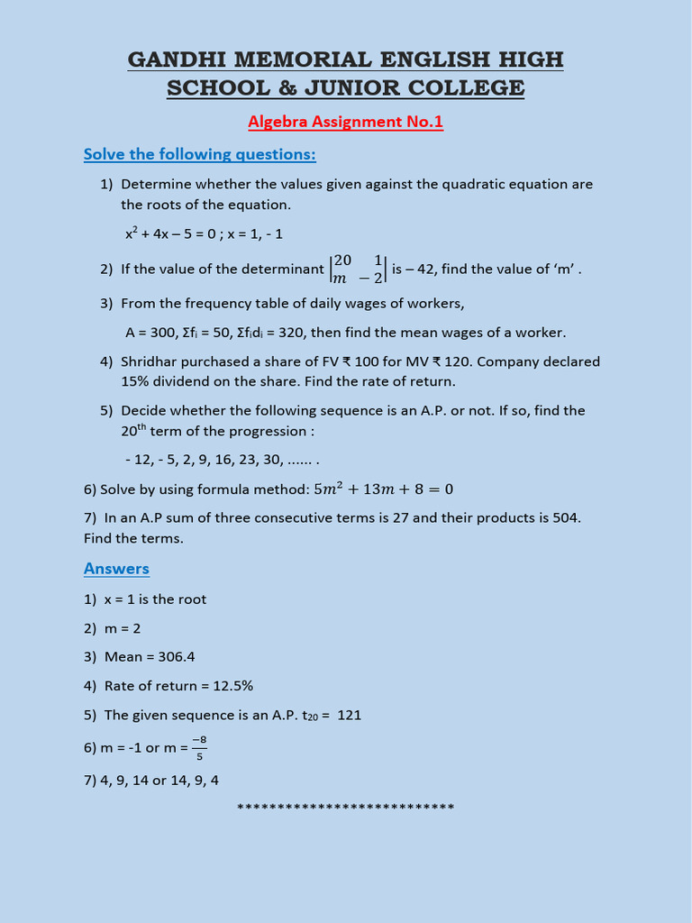 Std x Algebra Assignment 2025-26 | PDF | Equations | Quadratic Equation