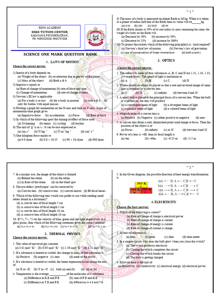 10th Science Question Bank Diagram Match the Following and 1 Mark ...