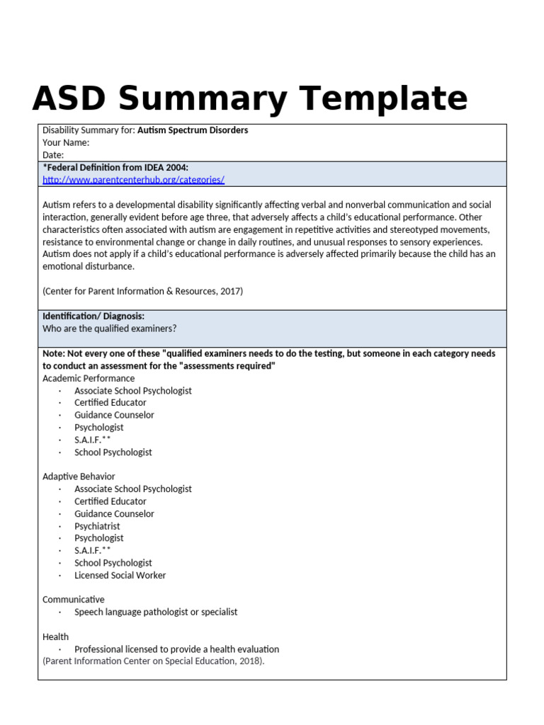 ASD Summary Template | PDF | Autism | Behaviorism