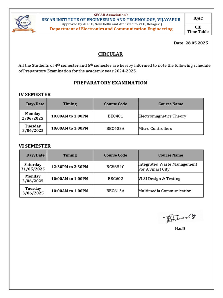 Preparatory Exam Time Table 2024-25 | PDF