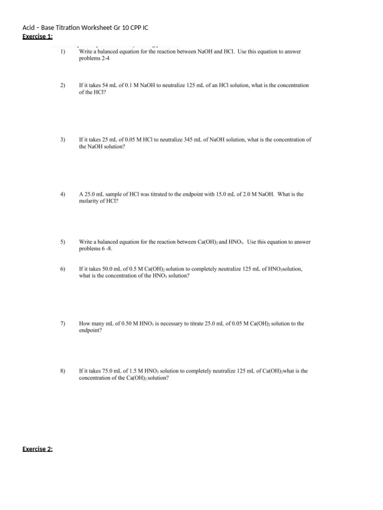 Grade 10 Acid-Base Titration Worksheet | PDF | Titration | Chemistry