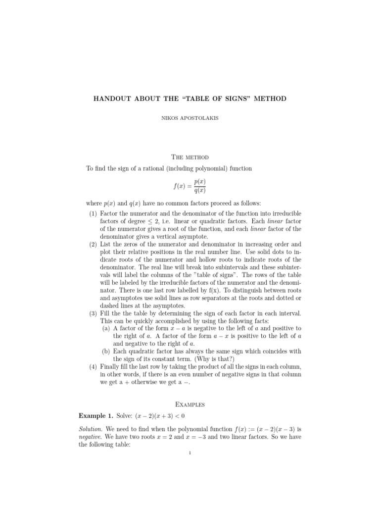 30sp08table of Signs Hand | PDF | Quadratic Equation | Zero Of A Function