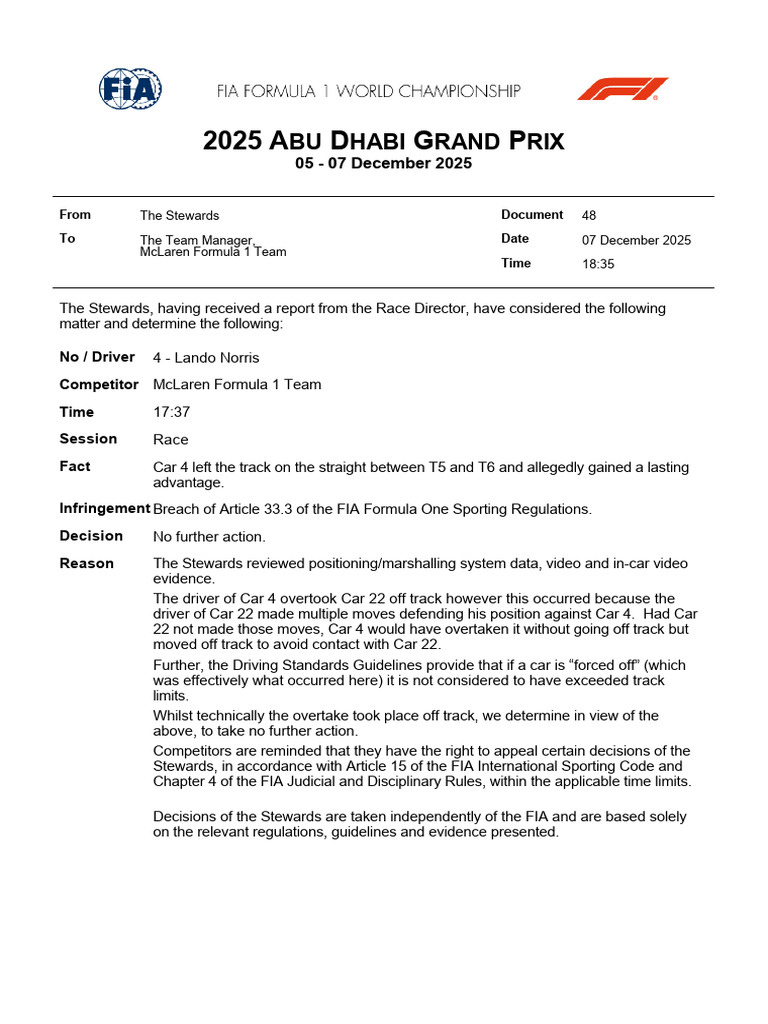 2025 Abu Dhabi Grand Prix - Decision - Car 4 - Alleged Leaving the ...