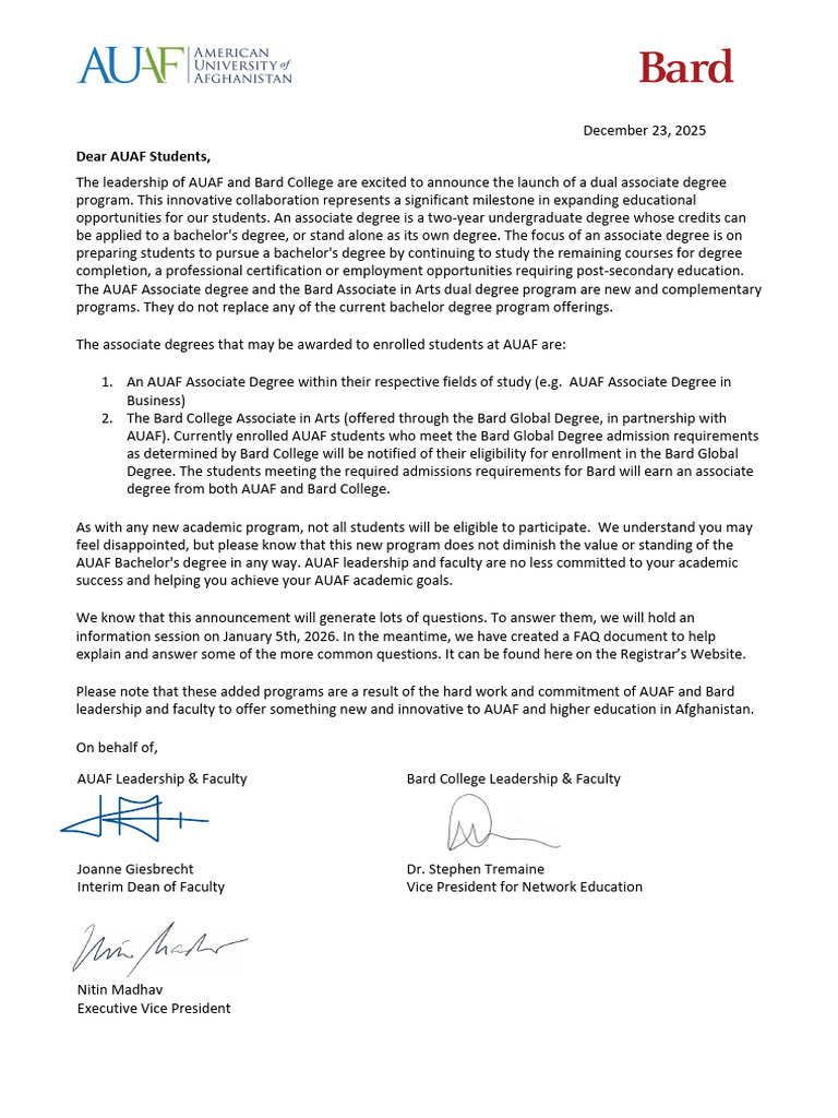 AUAF and Bard Launch Dual Degree Program | PDF | Associate Degree ...