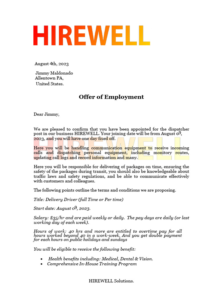 Offer of Employment | PDF | Employment | Social Policy