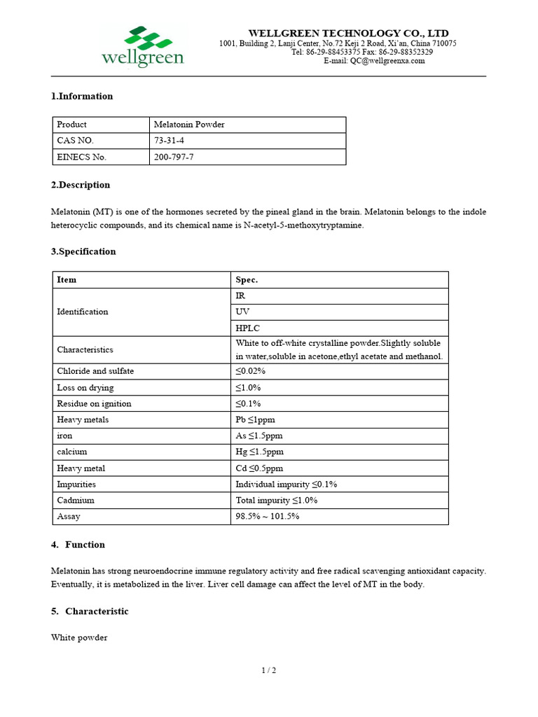 TDS Melatonin Powder - Wellgreen | PDF | Chemical Substances | Chemical ...