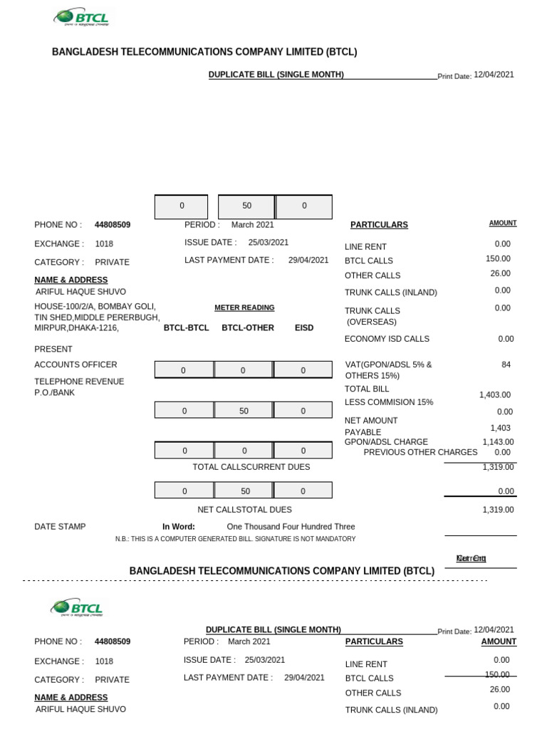Btcl Bill Copy | PDF | Telecommunications | Service Industries