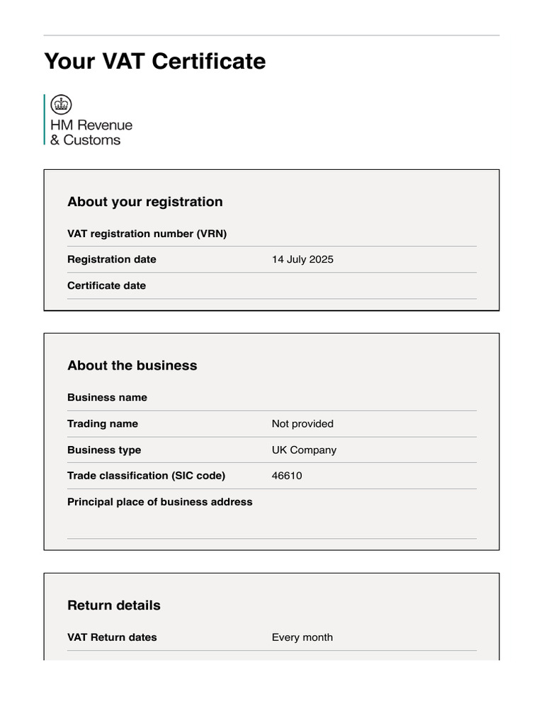 Your VAT Certificate - Manage Your VAT Account - GOV.uk | PDF