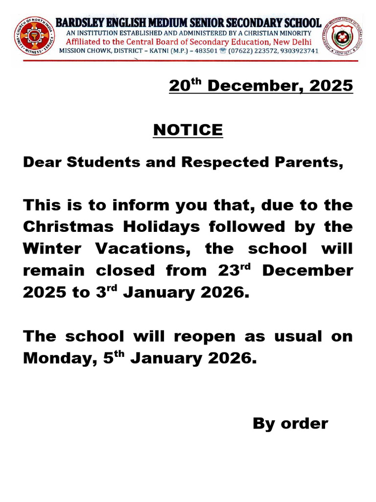 School Closure for Christmas Holidays | PDF
