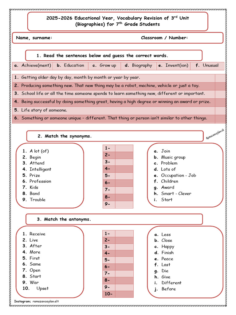 2025-2026, 7. Sınıf, 3.ünite, Vocabulary Revision by Ramazanceylan ...