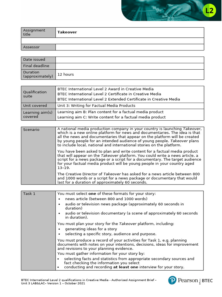 Unit 3 Writing Fact Med Prods AAB Learning Aim BC | PDF | News | Writing