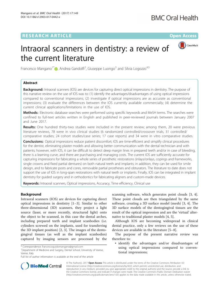Intraoral Scanners in Dentistry a Review of the Current Literature ...