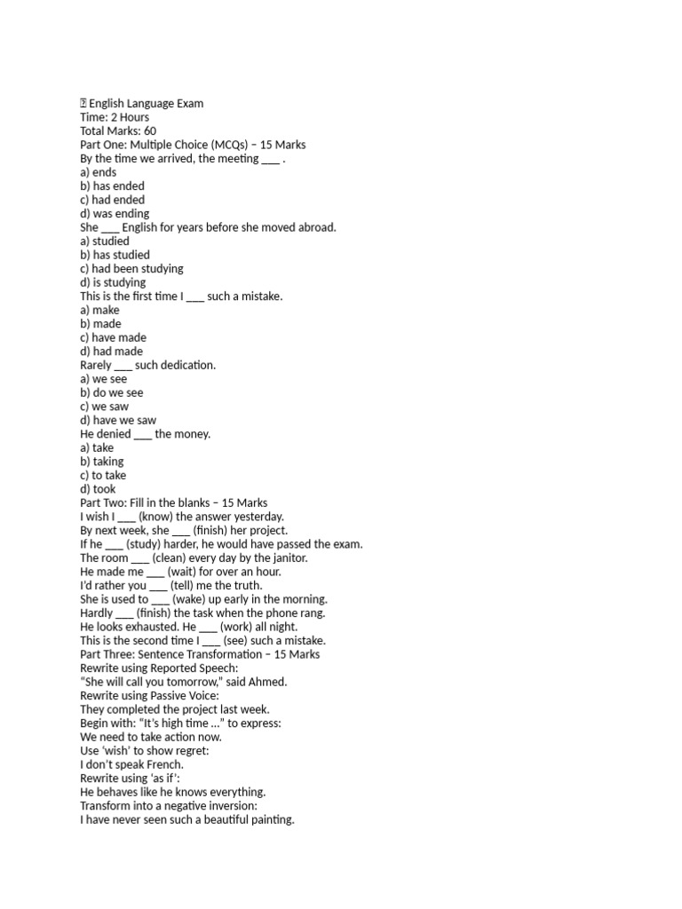? English Language Exam | PDF