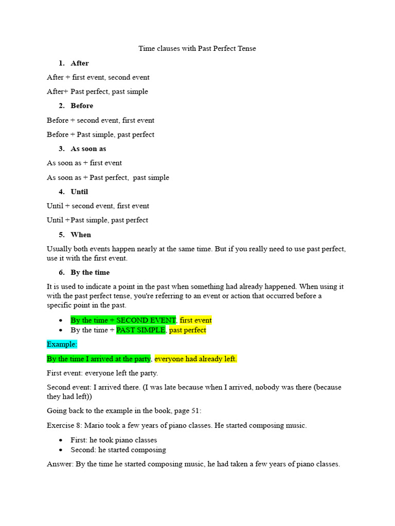 Time Clauses With Past Perfect Tense | PDF