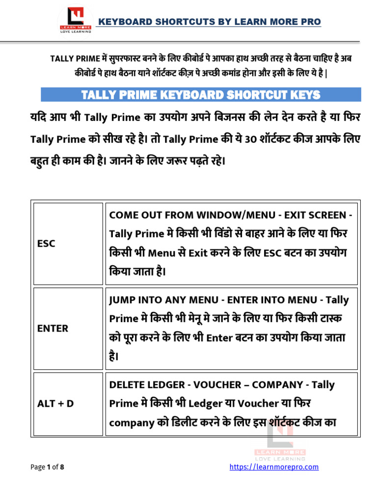 Tally Prime Keyboard Shortcuts LMP | PDF