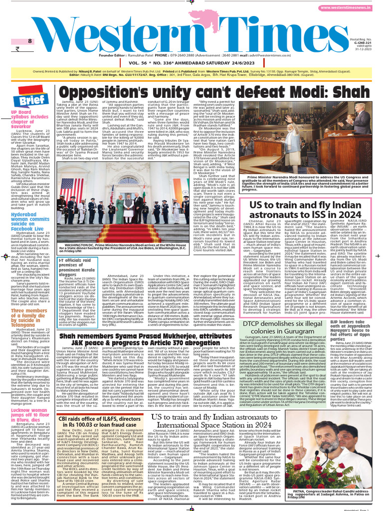 Western Time English Ahmedabad 2023-06-24 | PDF | Narendra Modi | Nasa