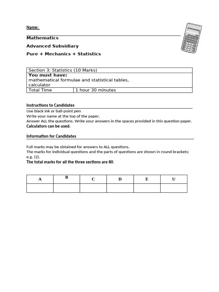 Statistics Exam Paper for AS Mathematics | PDF | Median | Statistics