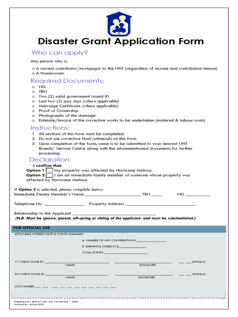 Disaster Grant Application Form - Hurricane Melissa Fillable | PDF ...
