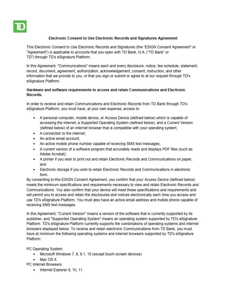 ESIGN Consent Agreement for TD Bank | PDF | Tablet Computer | Operating ...