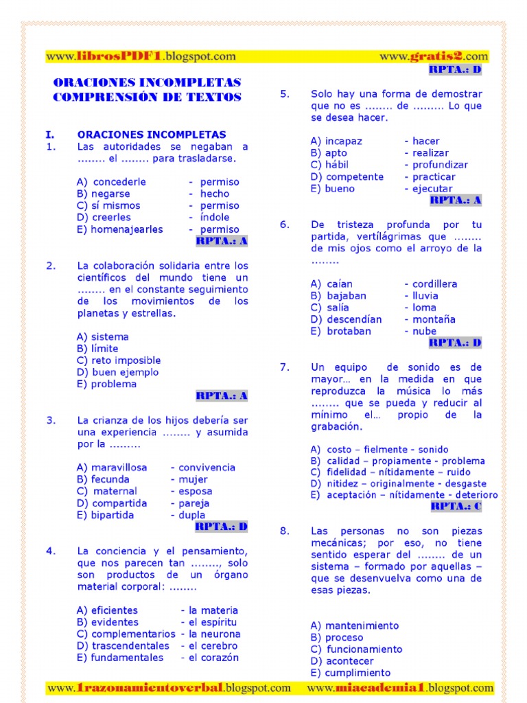 Oraciones Incompletas Ejercicios Resueltos