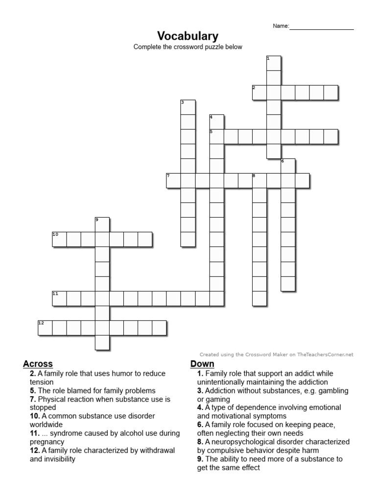 Addiction Vocabulary Crossword Puzzle | PDF