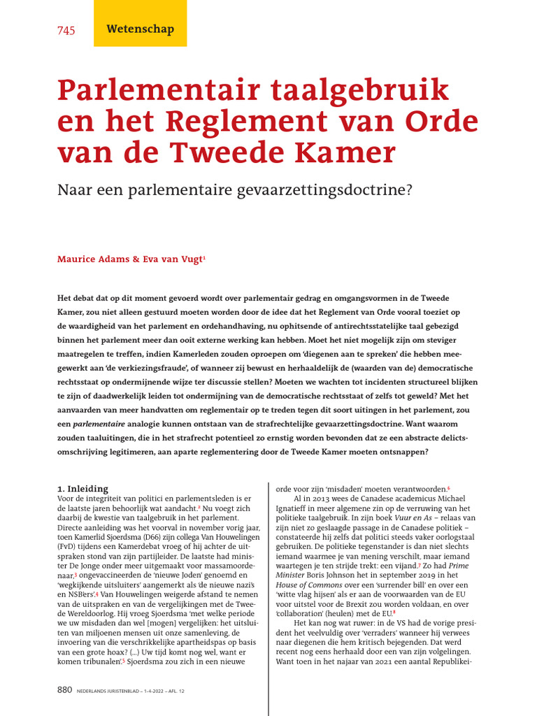 NJB 2022 745 - Parlementair Taalgebruik en Het Reglement Van Orde Van ...