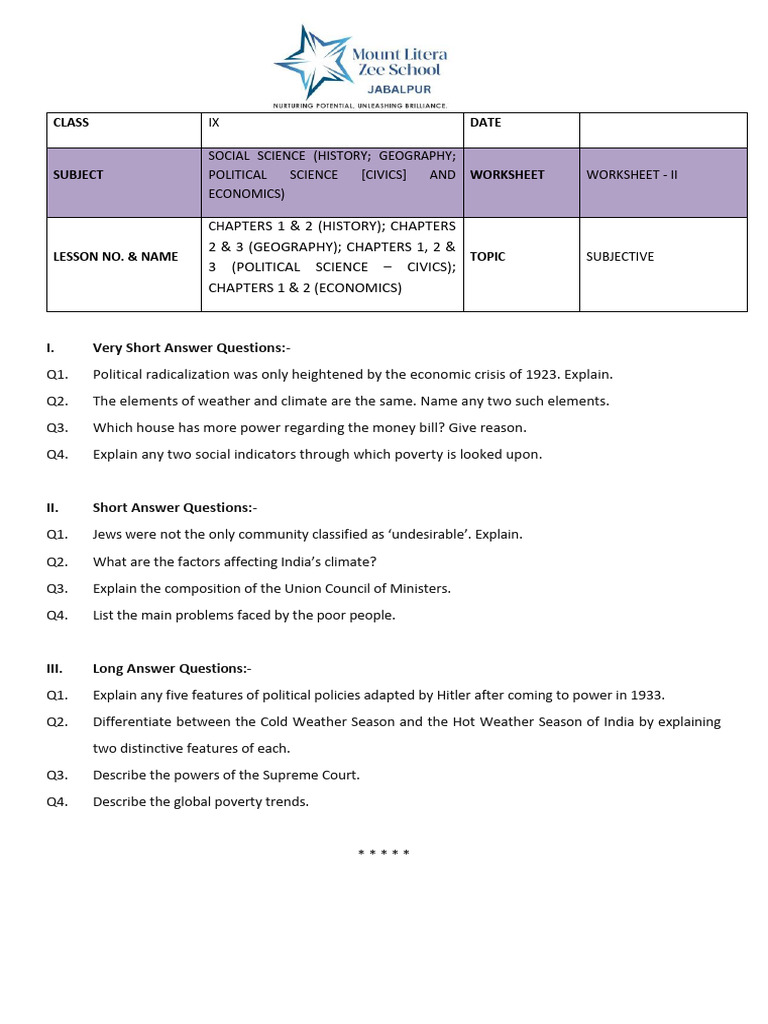 Class IX Worksheet Subjective PA2 | PDF