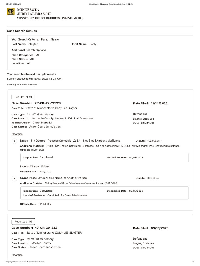Case Search - Minnesota Court Records Online (MCRO) Cody Slagter | PDF ...