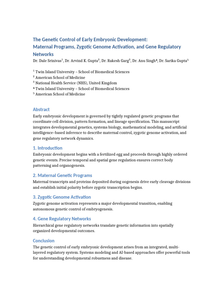 Genetic Control in Embryonic Development | PDF