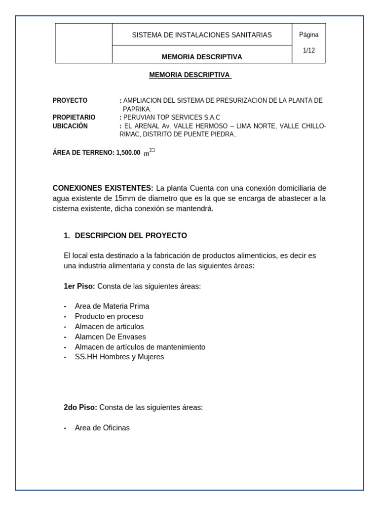 4. MEMORIA DESCRIPTIVA paprika | PDF | Agua | Bomba