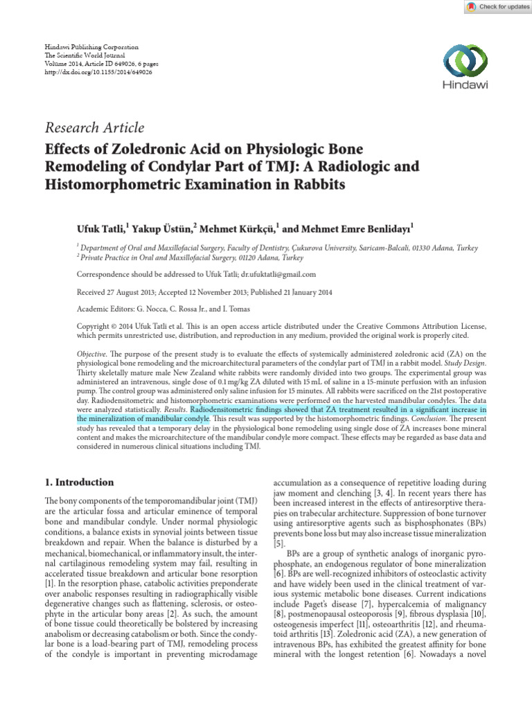 Effects of Zoledronic Acid On Physiologic Bone Remodeling of Condylar ...