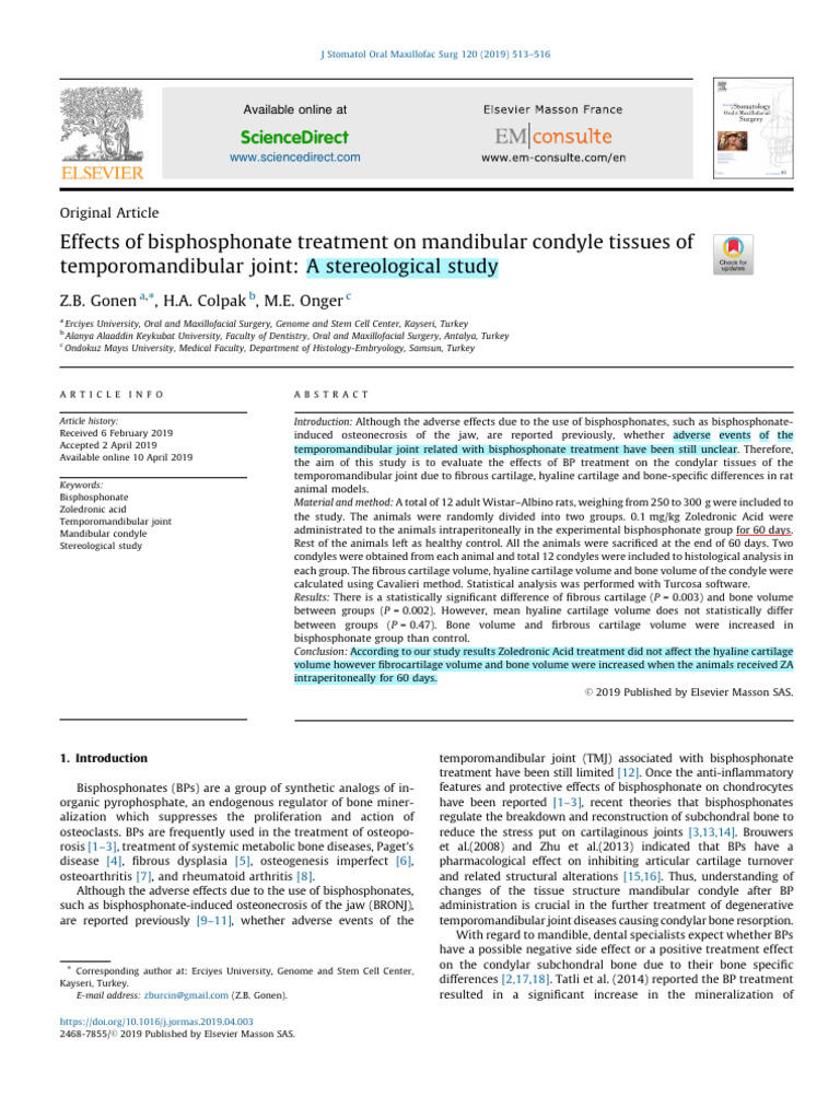 Bisphosphonates Impact on TMJ Condyle Tissues | PDF | Joint | Bone