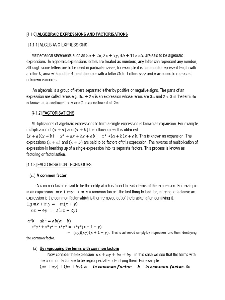 Algebraic Expressions & Factorization Guide | PDF | Factorization | Algebra