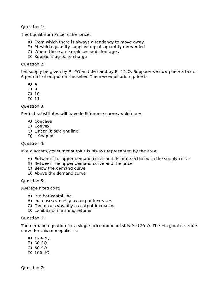 Mock Test Micro | PDF | Economic Surplus | Economic Equilibrium