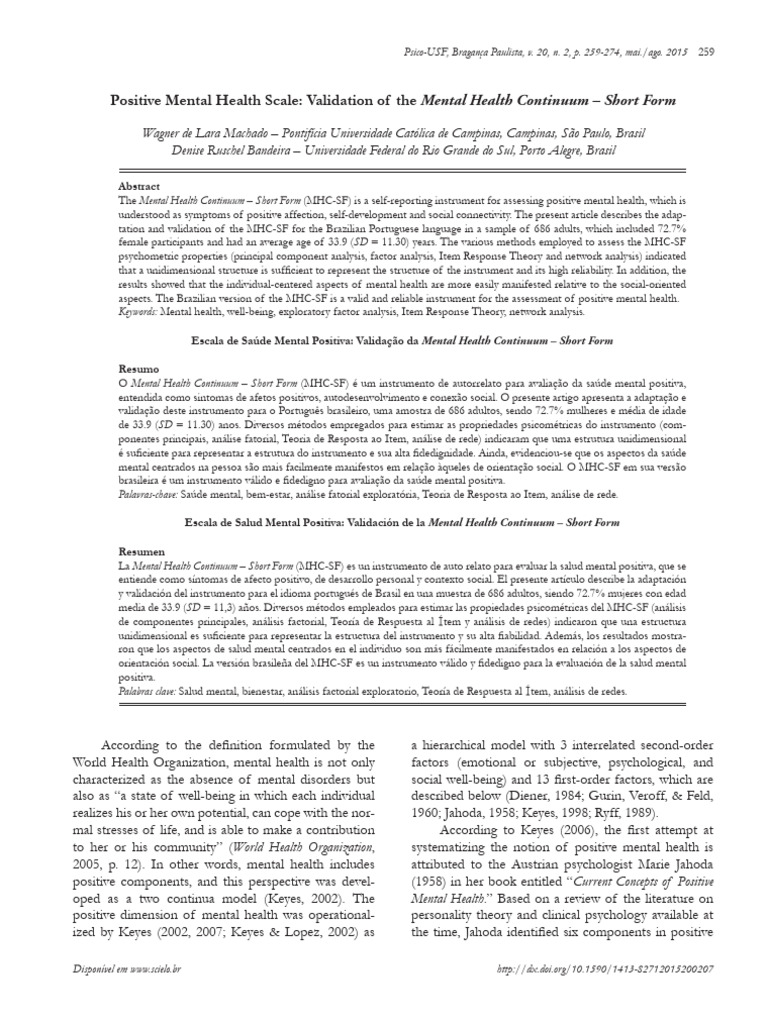 Validation of MHC-SF for Positive Mental Health | PDF | Well Being ...