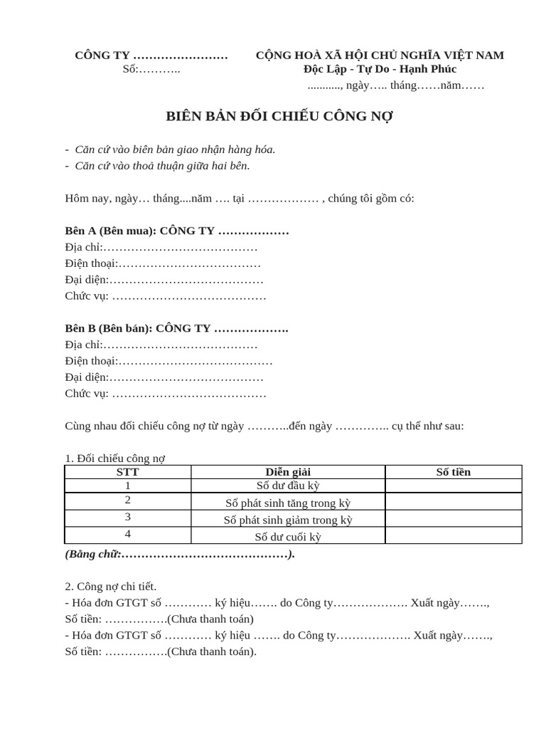 Mau Bien Ban Doi Chieu Cong No | PDF
