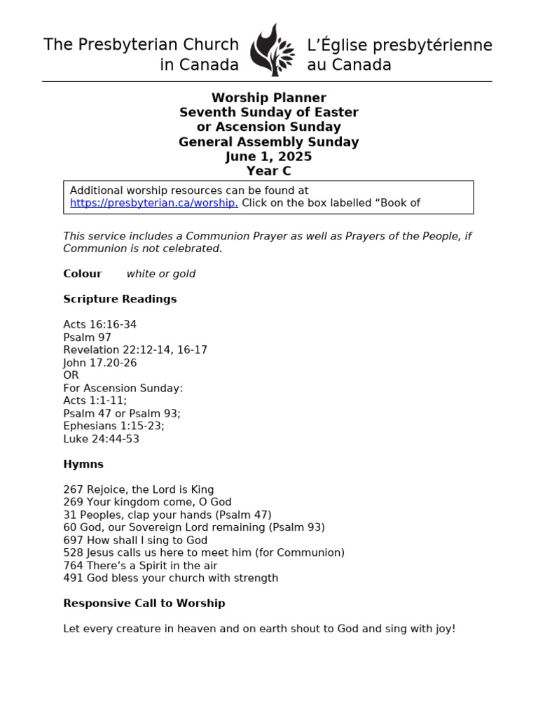Worship Service Plan for Ascension Sunday | PDF | Glory (Religion) | Jesus